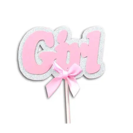 Cake topper girl GIRL pink with bow - Planète Gateau