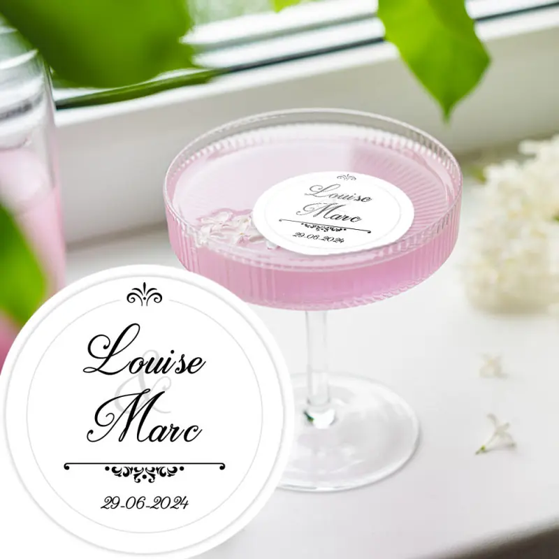 Personalized edible discs for drinks with wedding names -Set of 15